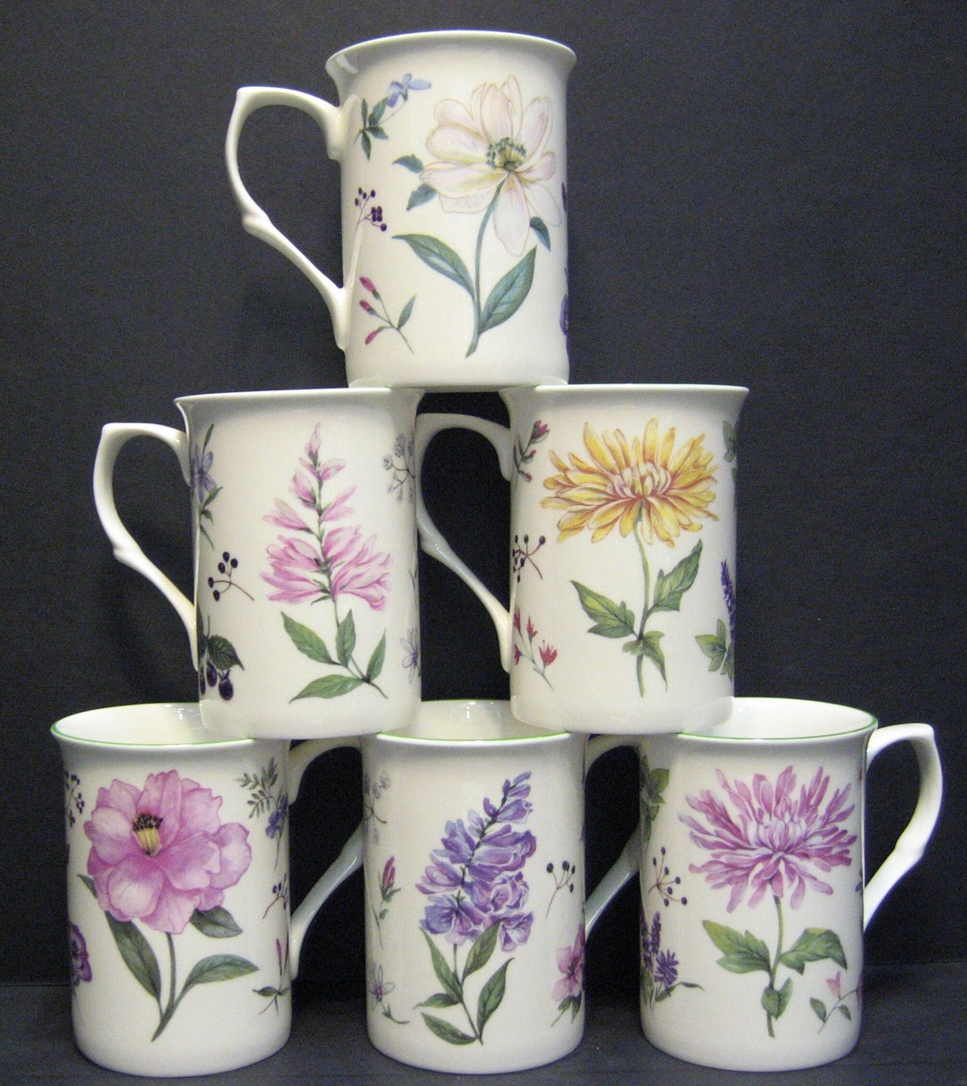 Set of 3/6 Mugs English Meadow Fine Bone China Mugs Castle Shape 10oz ...
