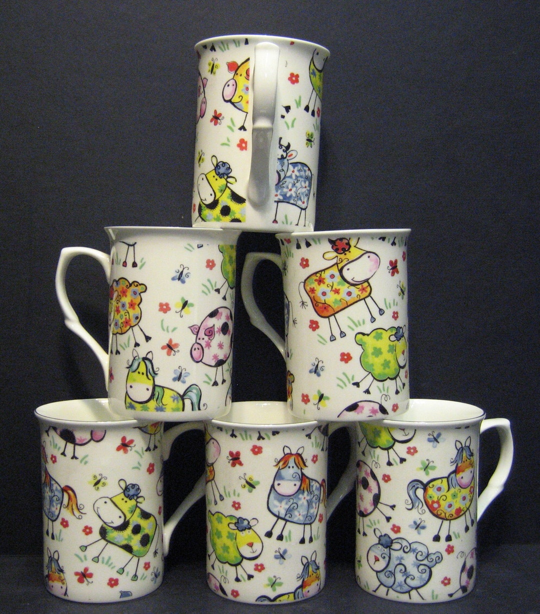 Set of 1/2/4/6/8 Mugs Crazy Farm Animals Fine Bone China Mugs Castle ...