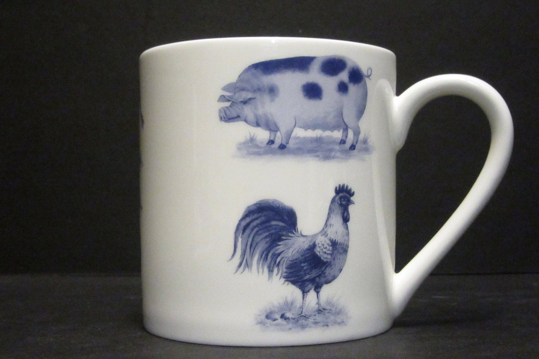 Extra Large Fine Bone China One 1 Pint Pot Mug Farmyard Animals Blue ...