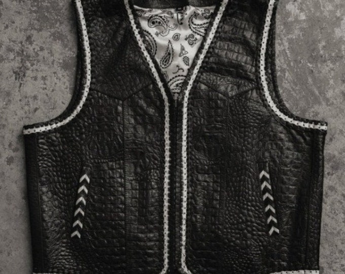 Leather Black Braided Crocodile Leather Men Vest Builder Biker ...