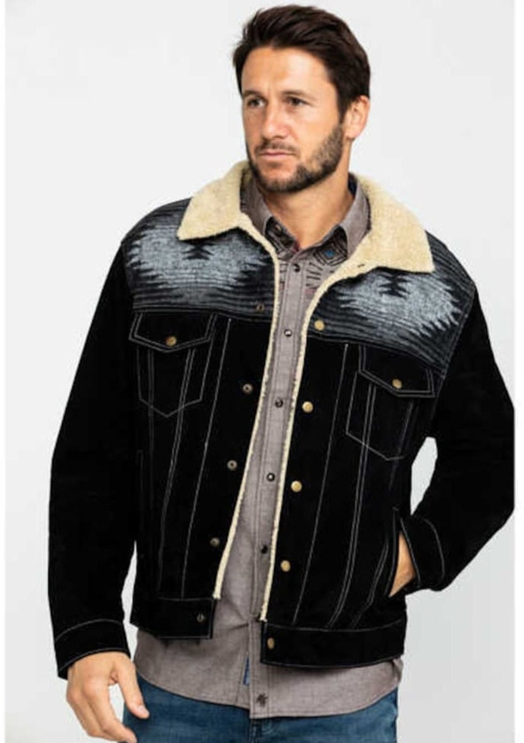 Men Traditional Handmade Western Jacket Men Western Fur Jean Jacket ...