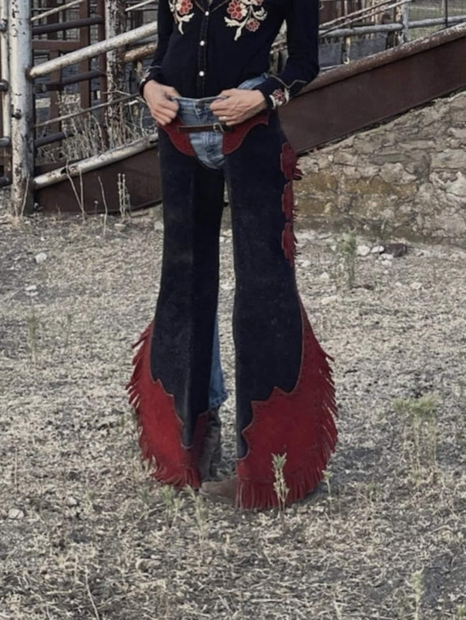 Handmade Cowgirl Chap Buck Skin Suede Black Leather Pant Rodeo Chap ...