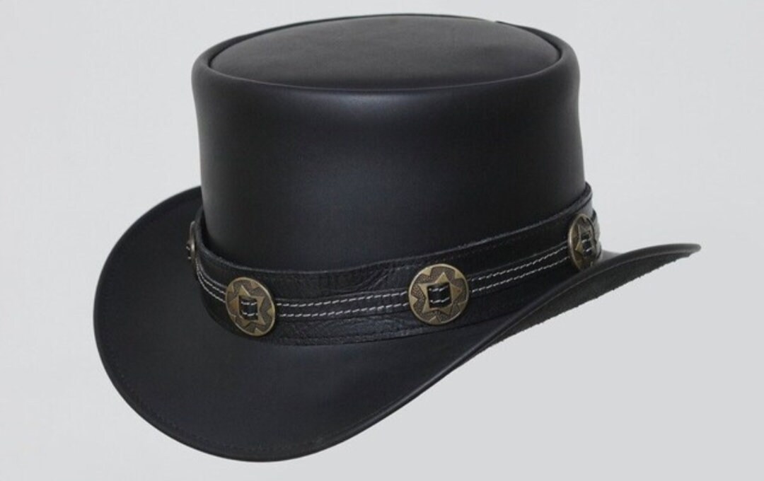 Black Leather Handcrafted Top Conchos Style Band Gothic Hat / Steampunk ...