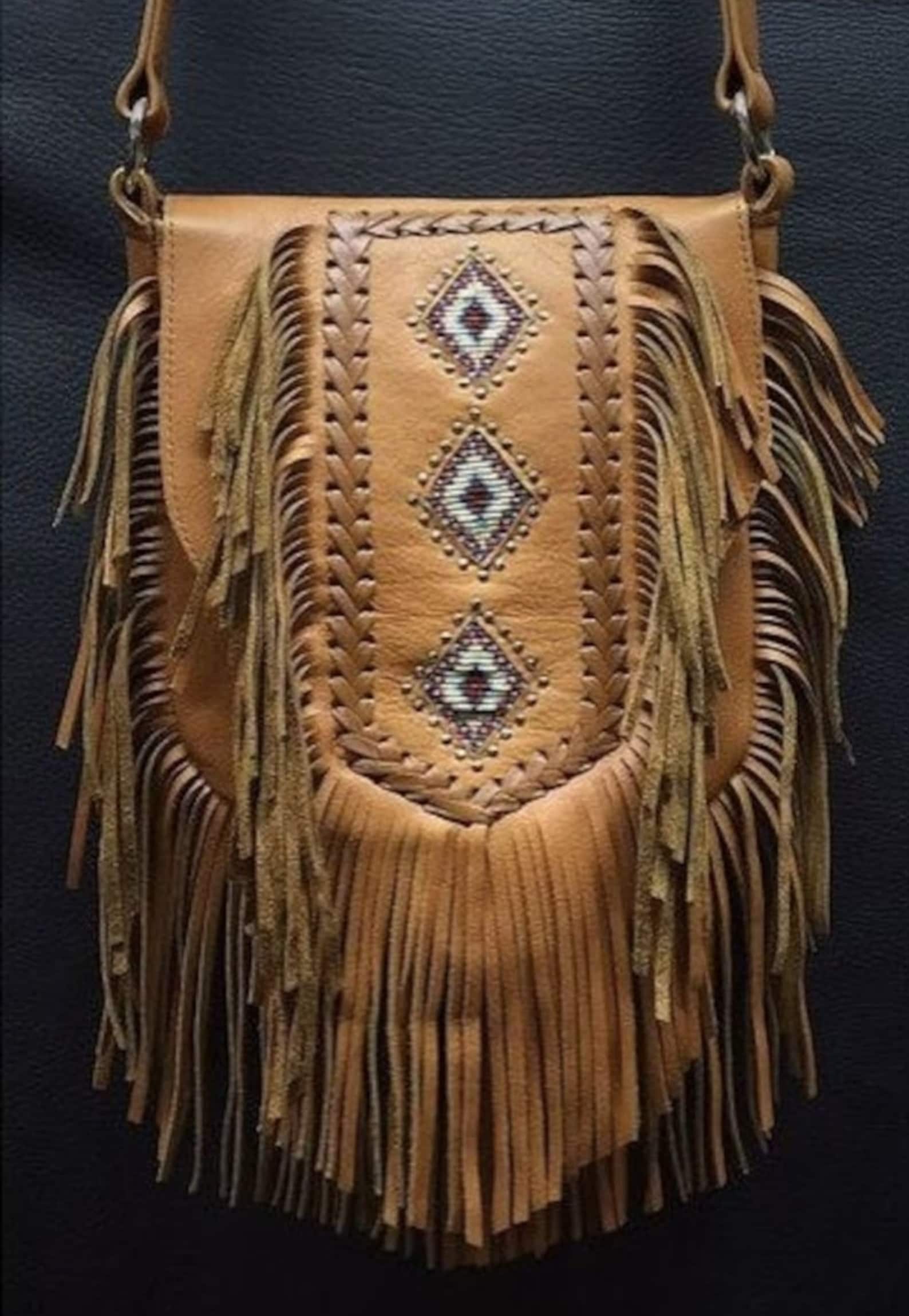 Leather Fringes Cross Body Bag Handmade Cowgirl Tan Brown Leather ...