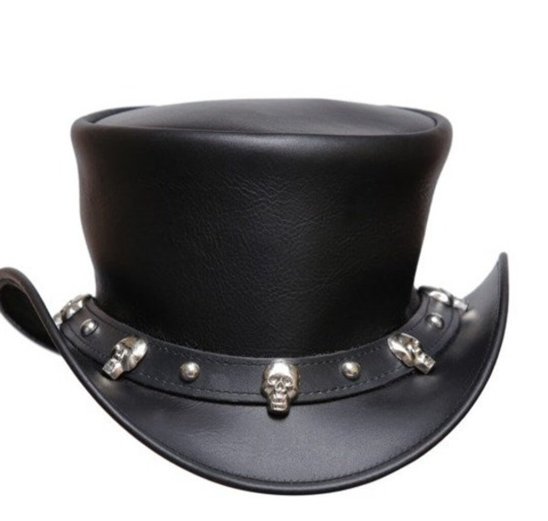 Black Leather Handcrafted Top Hat Skull Style Band Gothic Hat ...