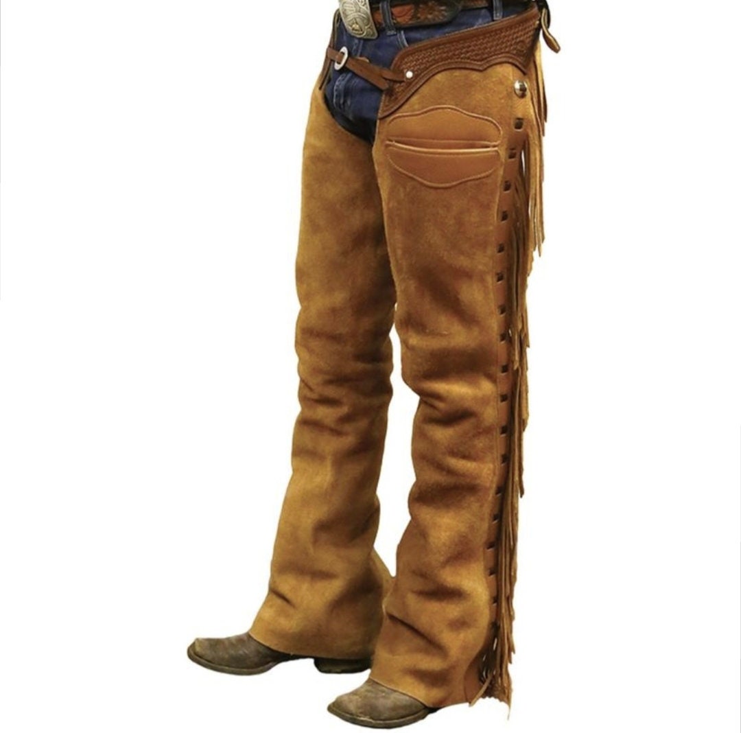Leather Chap Golden Brown Suede Fringes Style Braided Chap Western ...