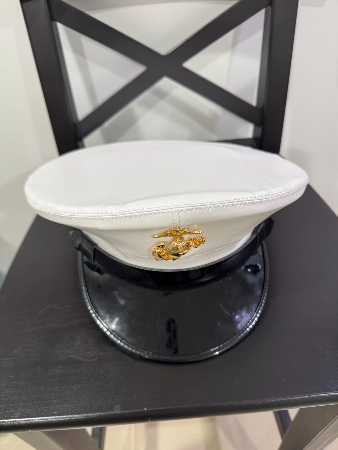 USMC Marine Corps Dress Blue Enlisted Vinyl Service White Dress Cap Hat ...