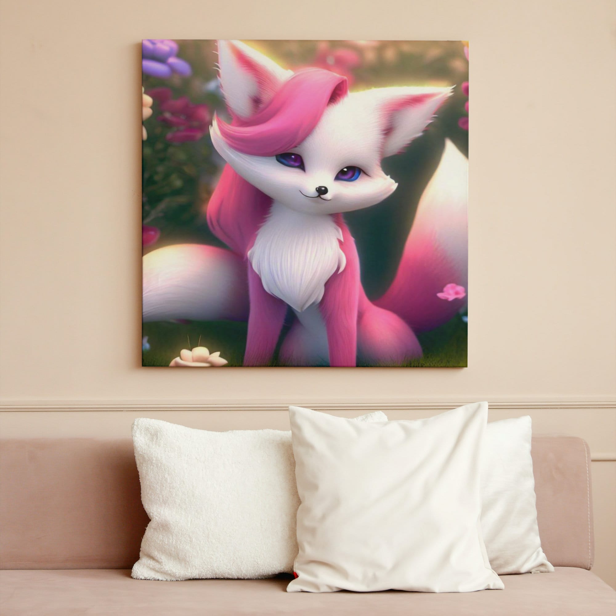 Pink Kitsune in a Flower Garden, Kitsune, Pink/white, Kitsune Digital ...