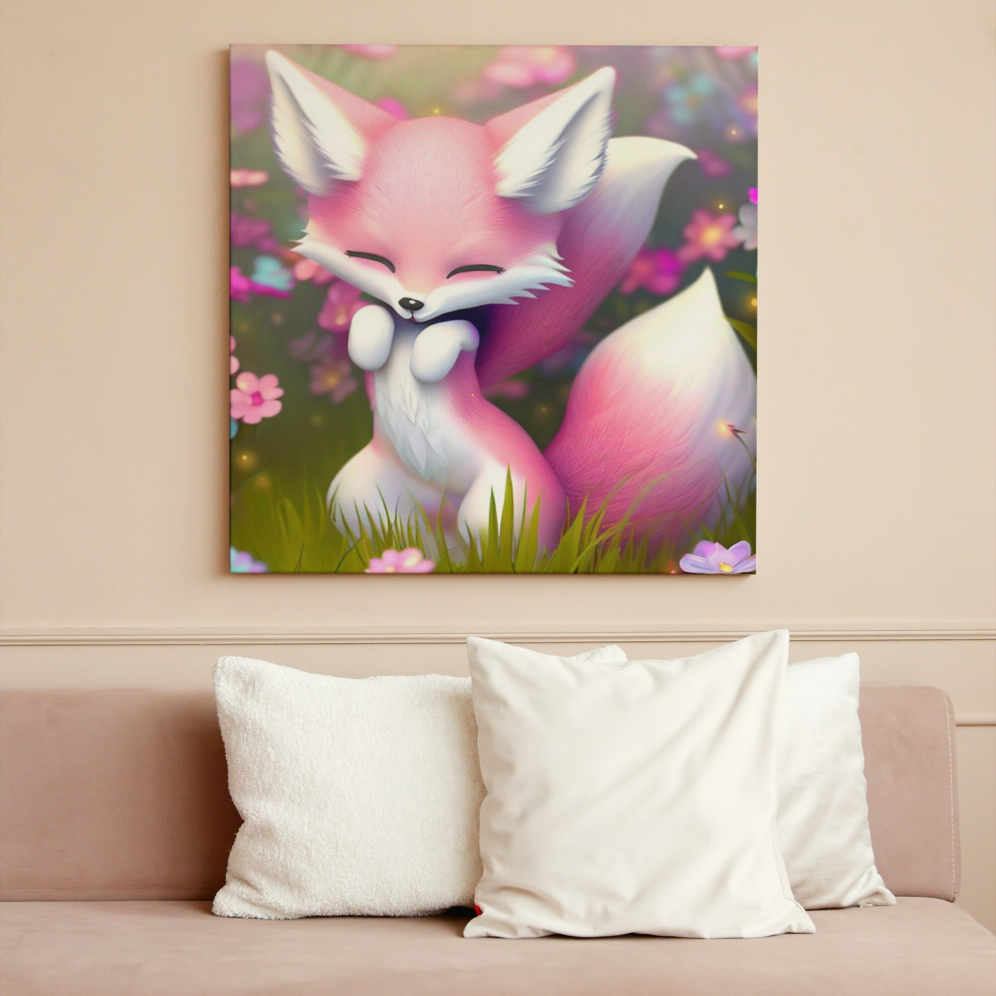 Pink Kitsune in a Flower Garden, Kitsune, Pink/white, Kitsune Digital ...
