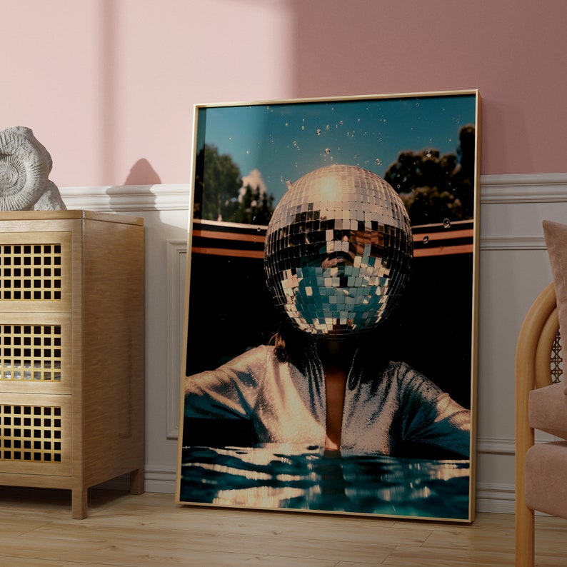 Women Pool Disco Ball, Wall Art, Disco Ball Vintage Poster, 70s Disco ...