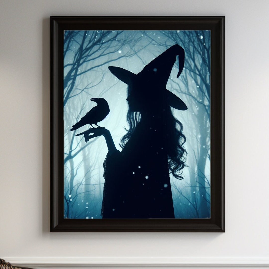 Witch and Raven in Snowy Forest Poster Wall Art Moody Winter Wall Decor ...