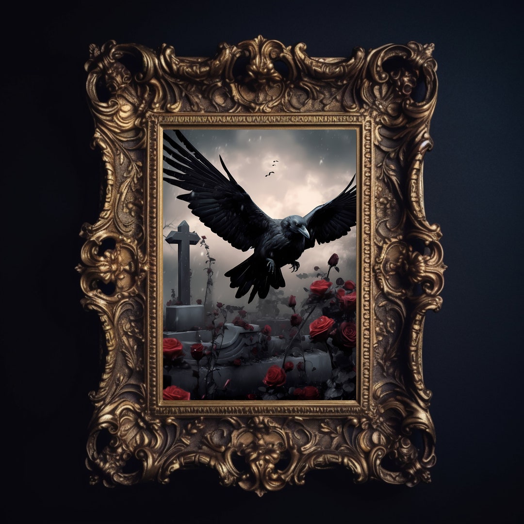Crow Flying Through Cemetery Poster Halloween Spooky Night Gothic Dark ...