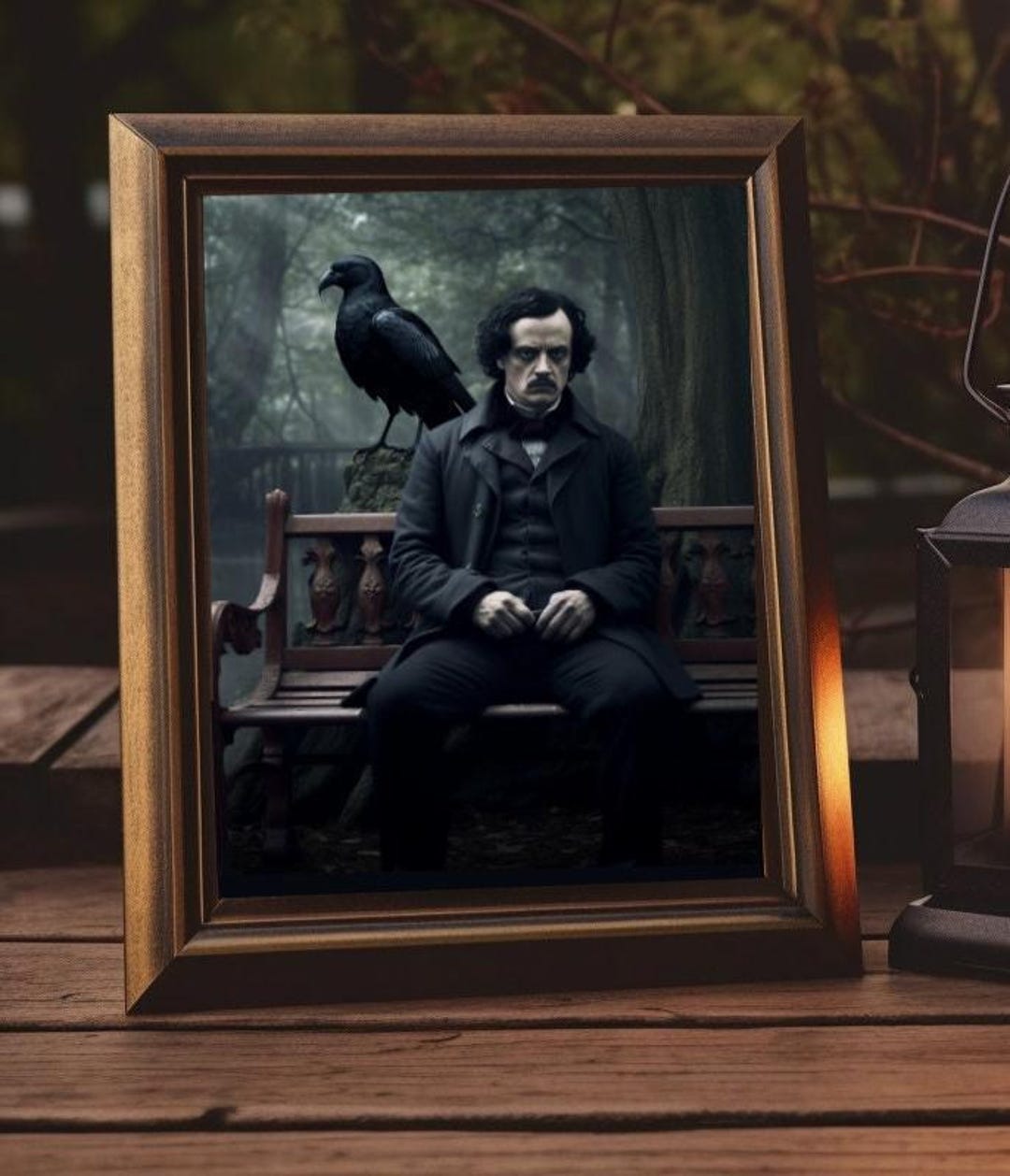 Edgar Allan Poe Sitting on Bench With A Raven Printable Digital Image ...