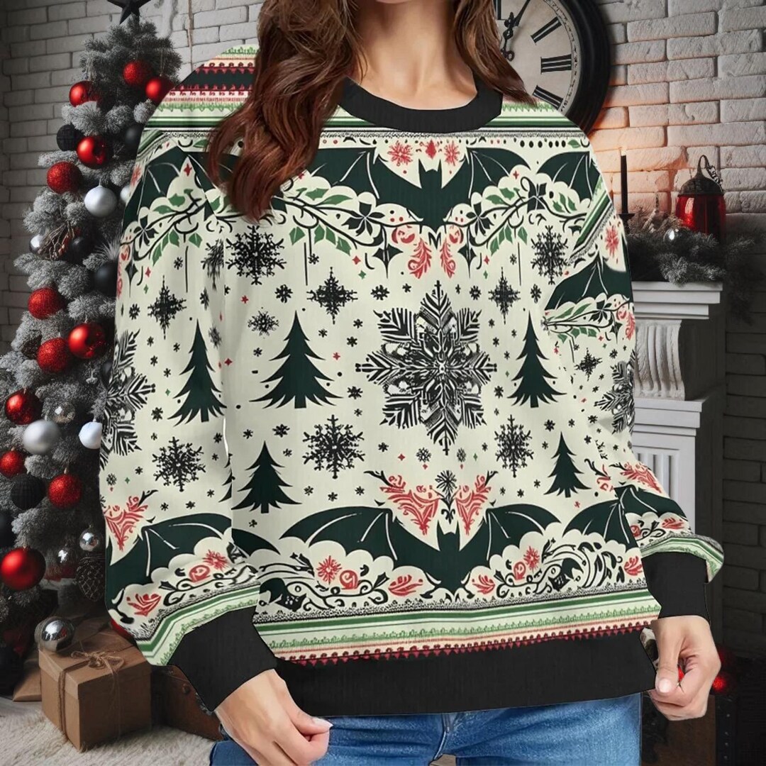 Bats Trees and Snowflakes Pullover Crewneck Sweater Spooky Gothic ...