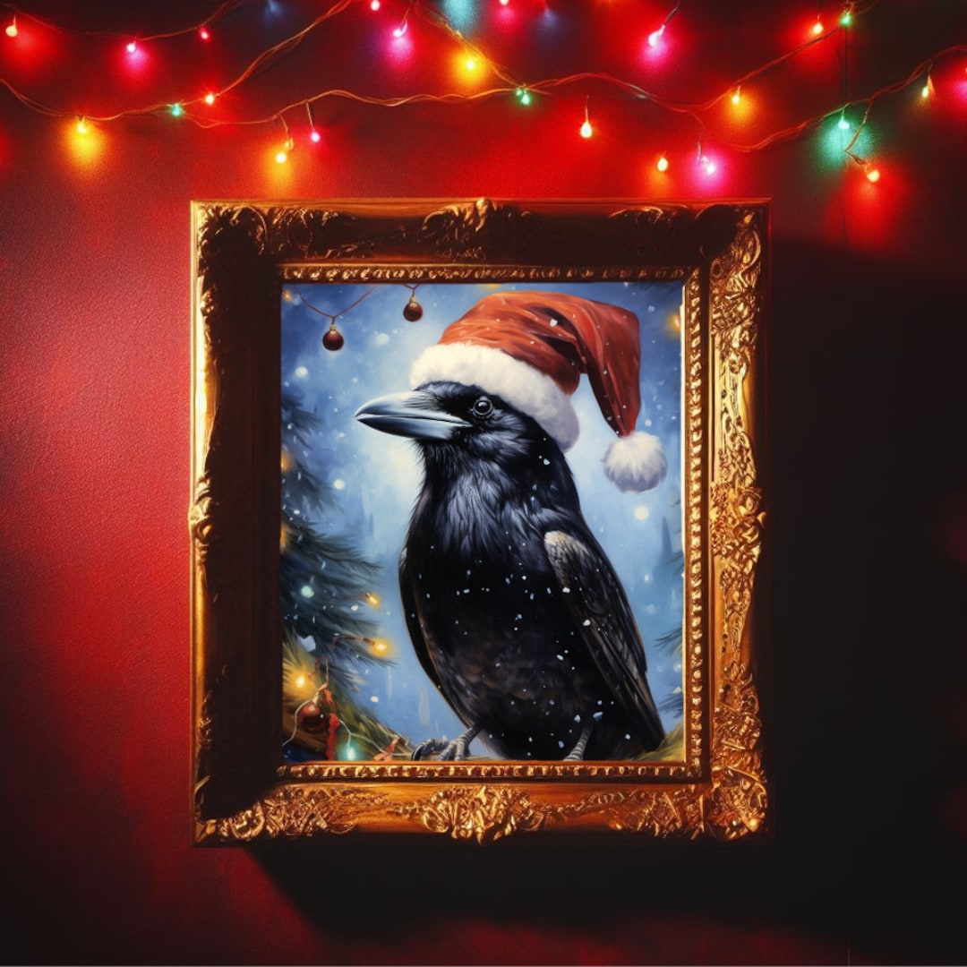 Christmas Raven Poster Moody Winter Wall Art Raven Wearing Santa Hat ...