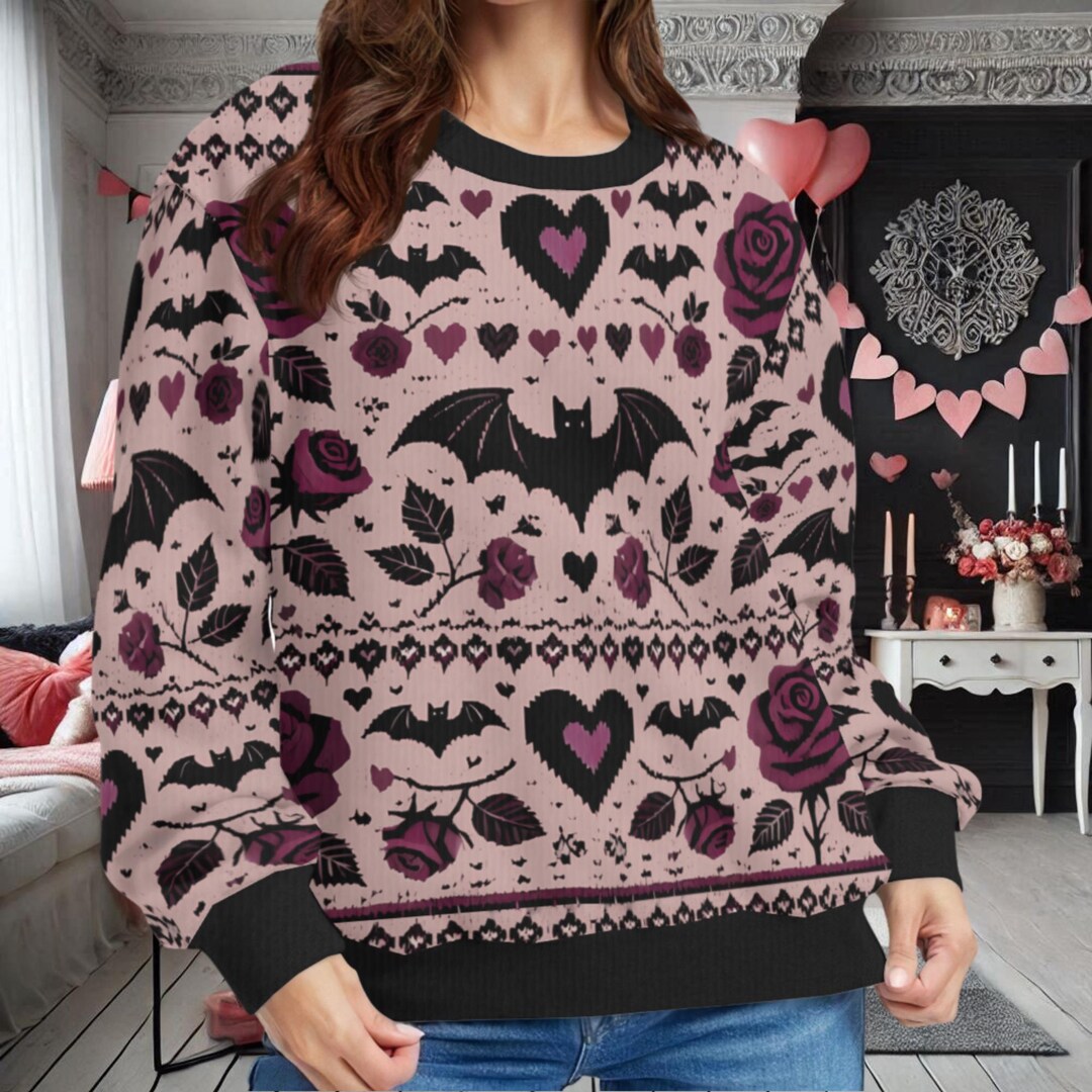 Bats Hearts and Roses Valentine's Day Sweater Spooky Gothic Valloween ...