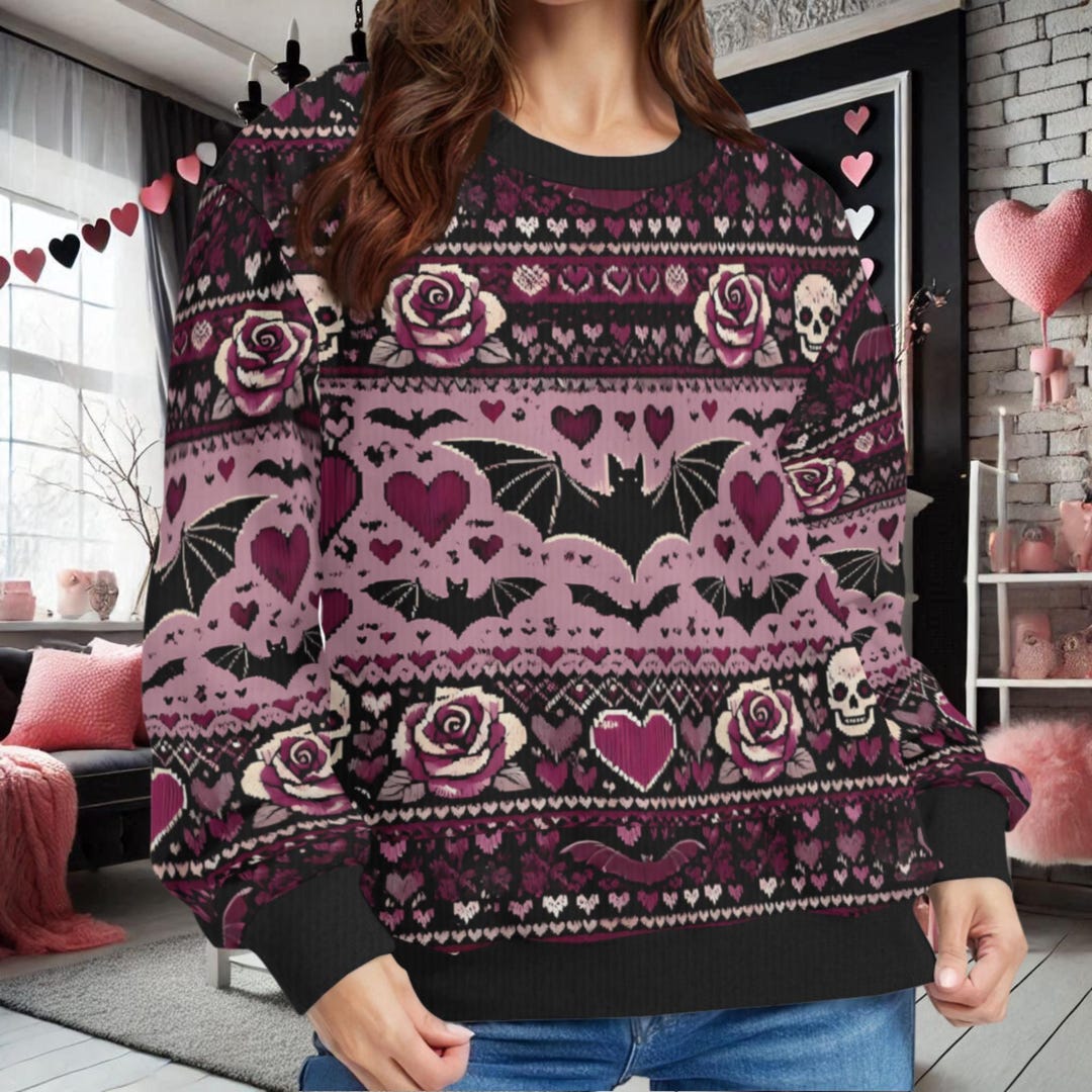 Bats Skulls Hearts and Roses Valentine's Day Sweater Spooky Gothic ...
