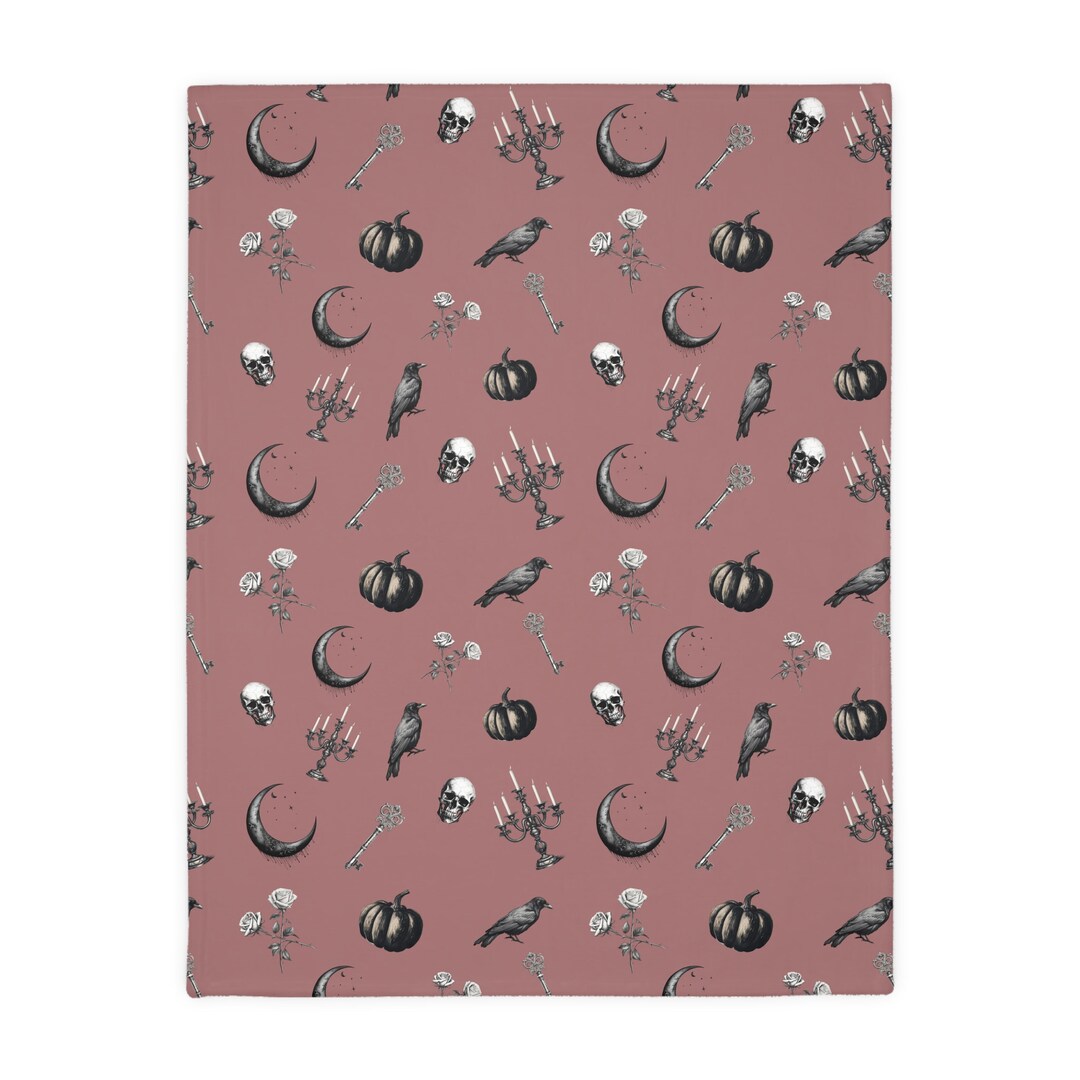 Mauve Halloween Moons Crows Pumpkins Skulls Velveteen Minky Blanket two ...