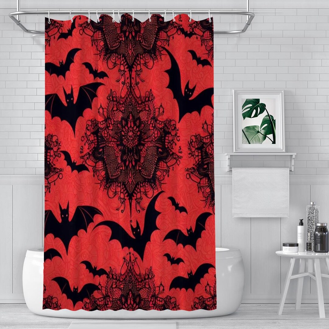 Red Black Lace and Bats Shower Curtain Spooky Gothic Shower Curtains ...