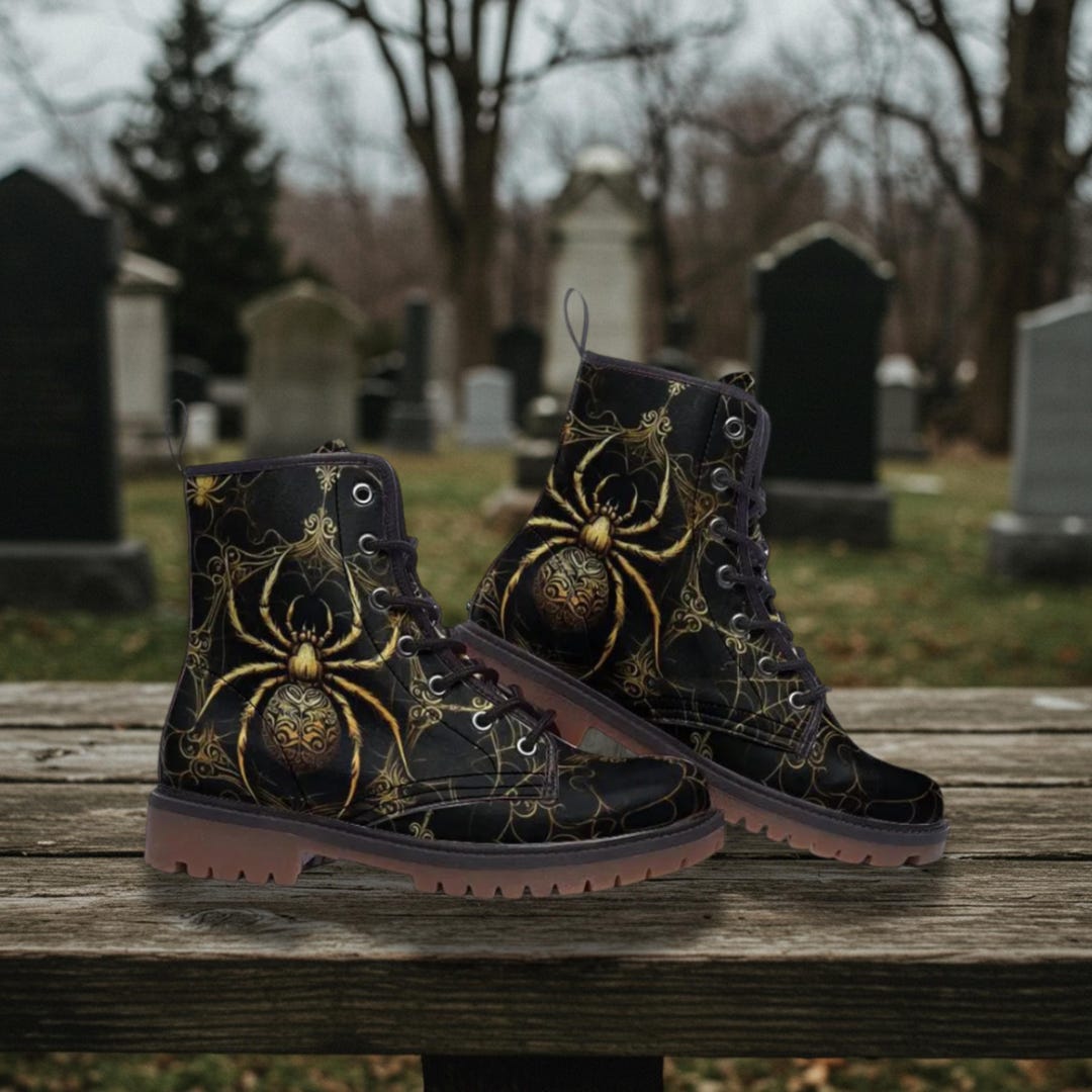 Ornate Spiders and Webs Combat Boots Spooky Gothic Vegan Leather Boots ...