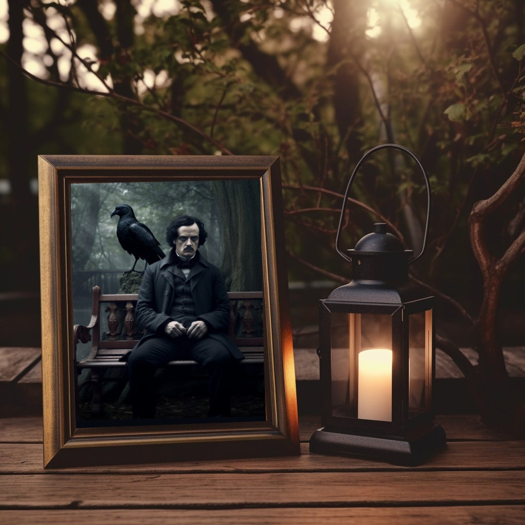 Edgar Allan Poe Sitting on Bench With A Raven Printable Digital Image ...