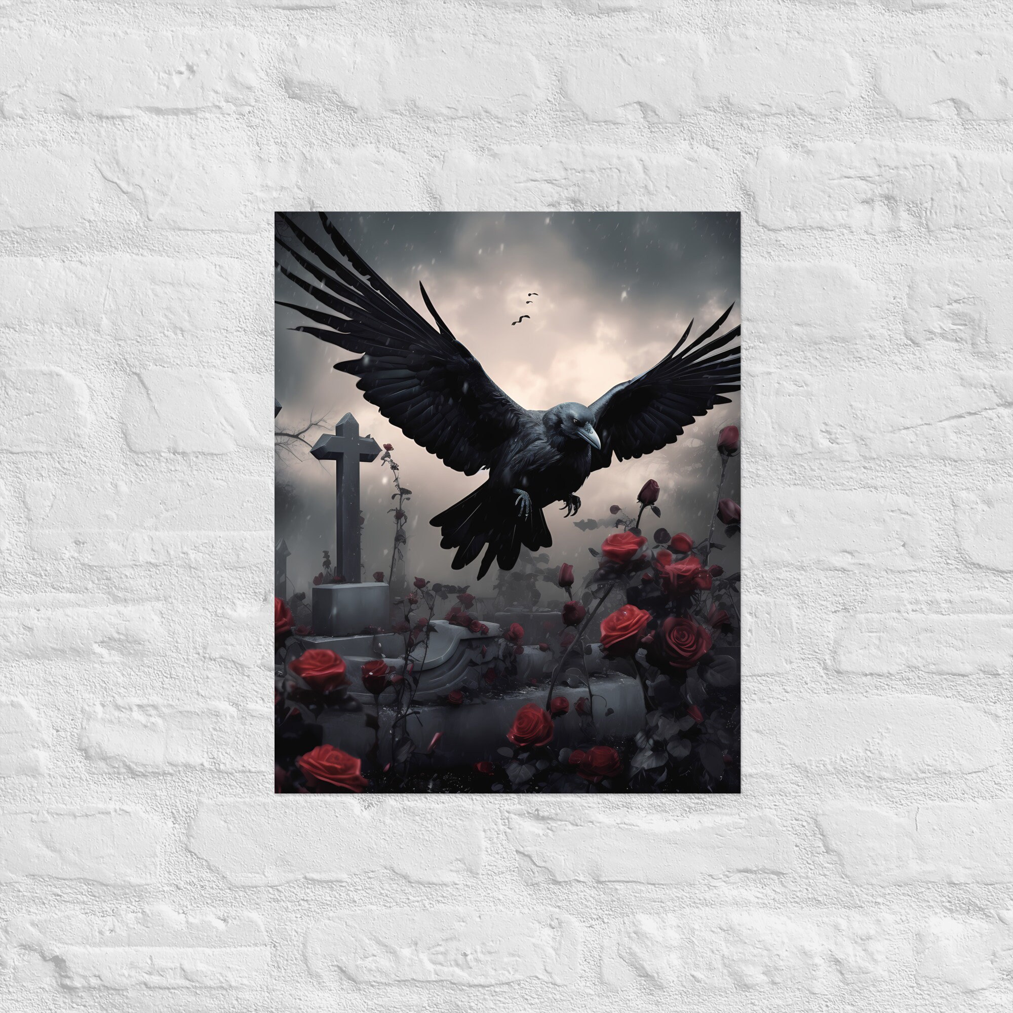 Crow Flying Through Cemetery Poster Halloween Spooky Night Gothic Dark ...