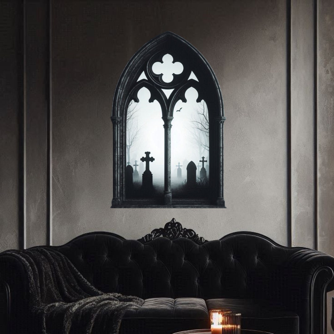 Gothic Arched Window With Cemetery Scene Spooky Moody Halloween Wall ...