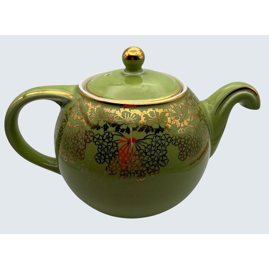 Hall China 0822 6 Cup Teapot Green Gold Floral Overlay VTG USA No Drip ...