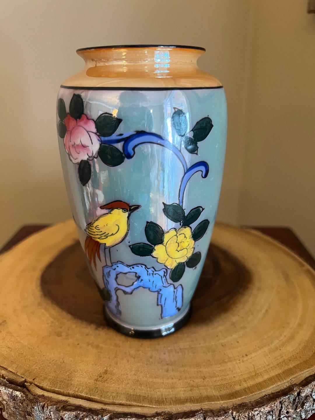 Vintage Lusterware Vase in Blue/orange With Bird and Flowers Made in ...