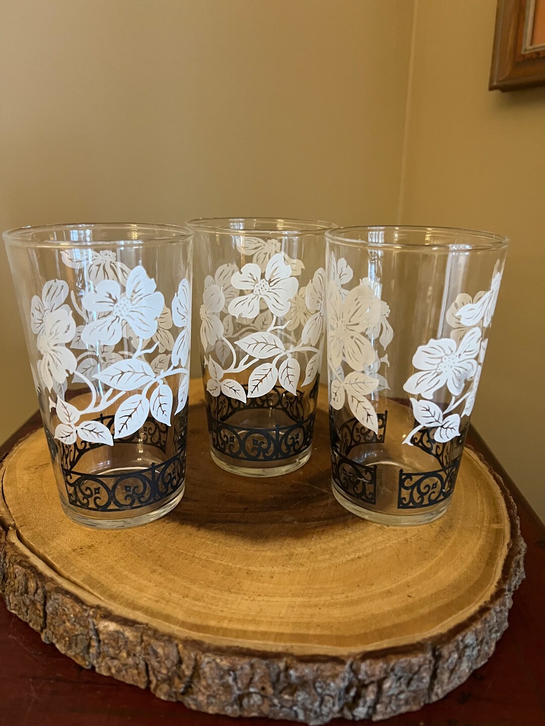 Vintage Federal Glass White Floral and Black Scroll Glasses-3 - Etsy