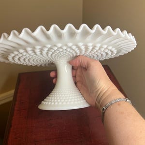 Vintage Fenton Cake Stand- Milk Glass Hobnail With Ruffled Rim- 13” D ...