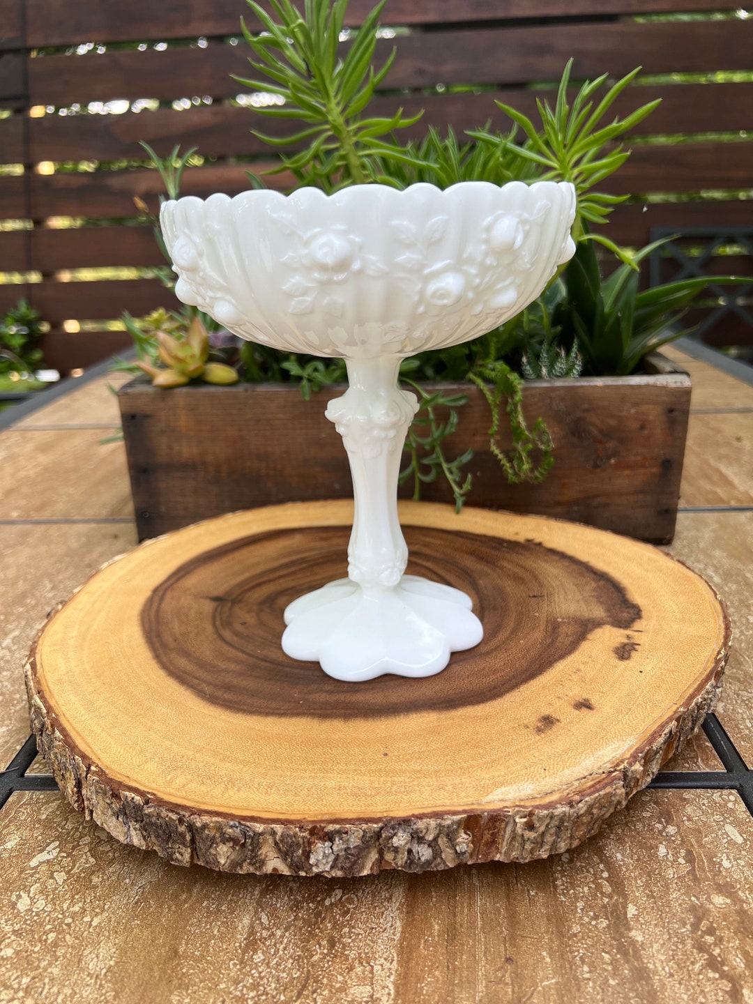 Vintage Fenton Milk Glass Compote- Cabbage Rose Pattern - Etsy