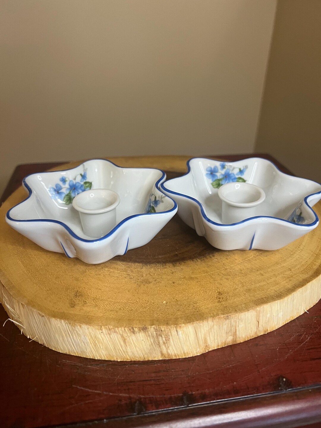 Vintage Ceramic Candlestick Holder Pair- Violet Decoration Made in ...