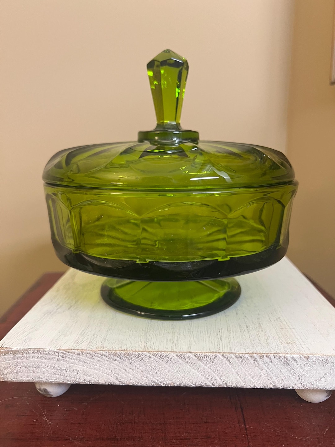 Vintage Viking Glass Green Round Lidded Candy Dish/box With Diamond ...