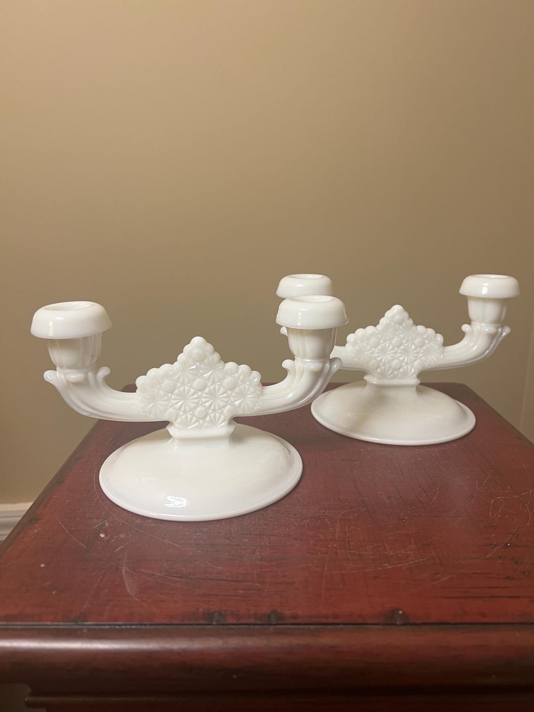 Vintage Fenton Daisy Button Milk Glass Candlestick Holder Pair - Etsy