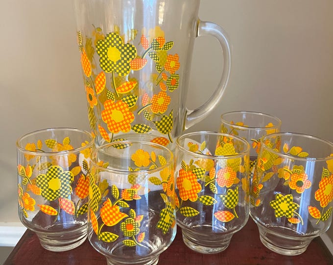 Vintage Retro/mcm Glasses(5) and Matching Pitcher-orange/green/yellow ...