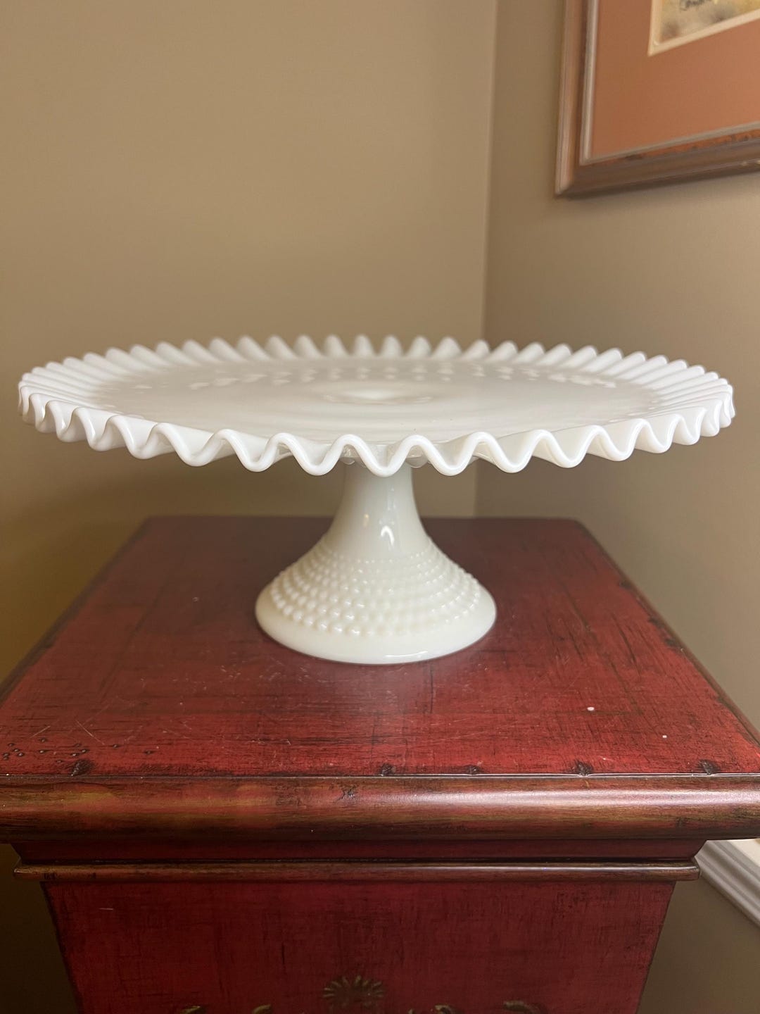 Vintage Fenton Cake Stand- Milk Glass Hobnail With Ruffled Rim- 13” D ...