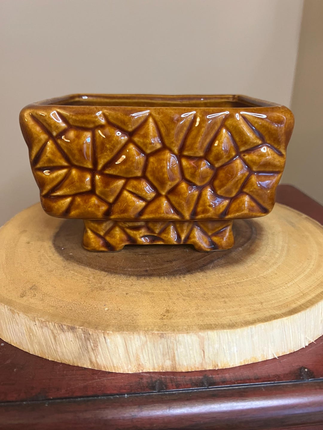 Vintage Pottery Planter- MCM Geometric Pattern in Brown Glaze - Etsy