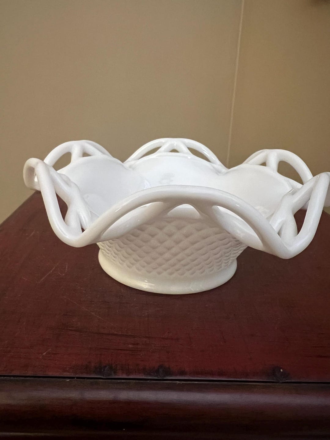 Vintage Imperial Glass Lattice Edge Bowl- Milk Glass English Hobnail-7 ...