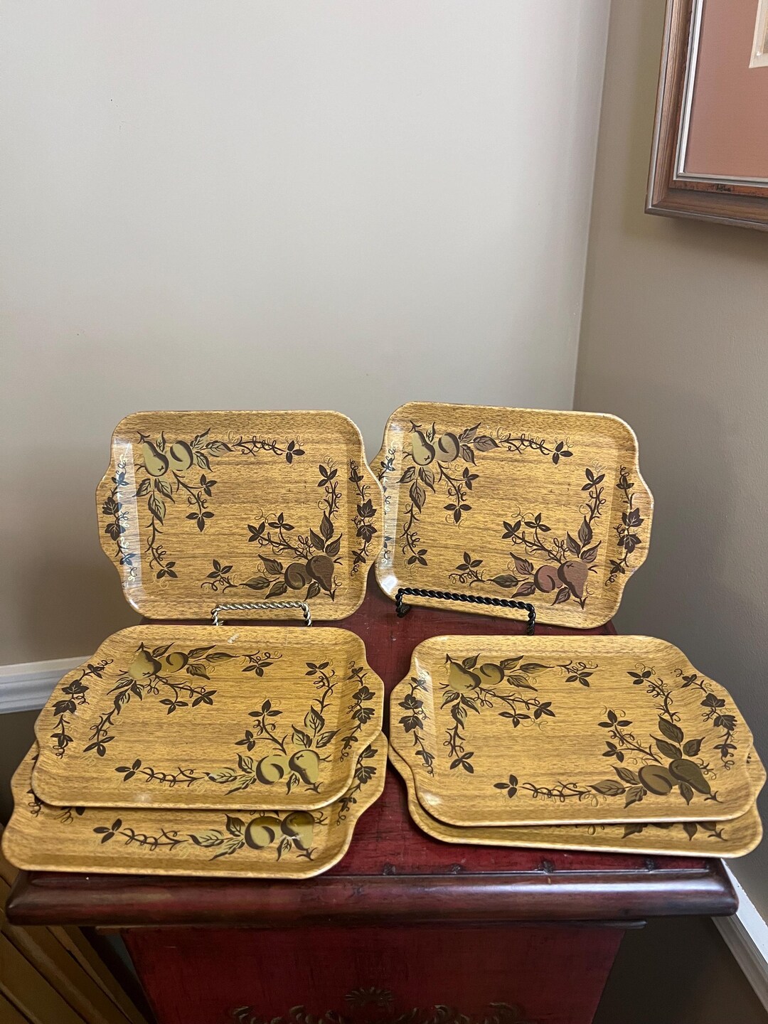 Vintage Small Metal Snack Trays (set of 6)- Faux Wood Grain With Golden ...