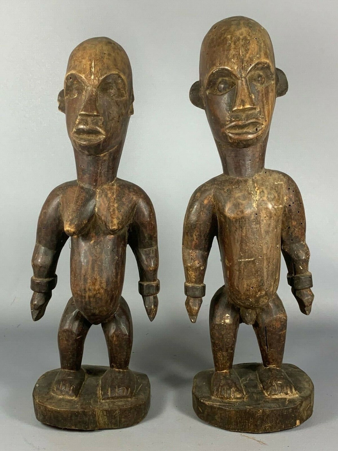 200705 - 2 Old Tribal Used African Bakongo Male & Female Statues ...