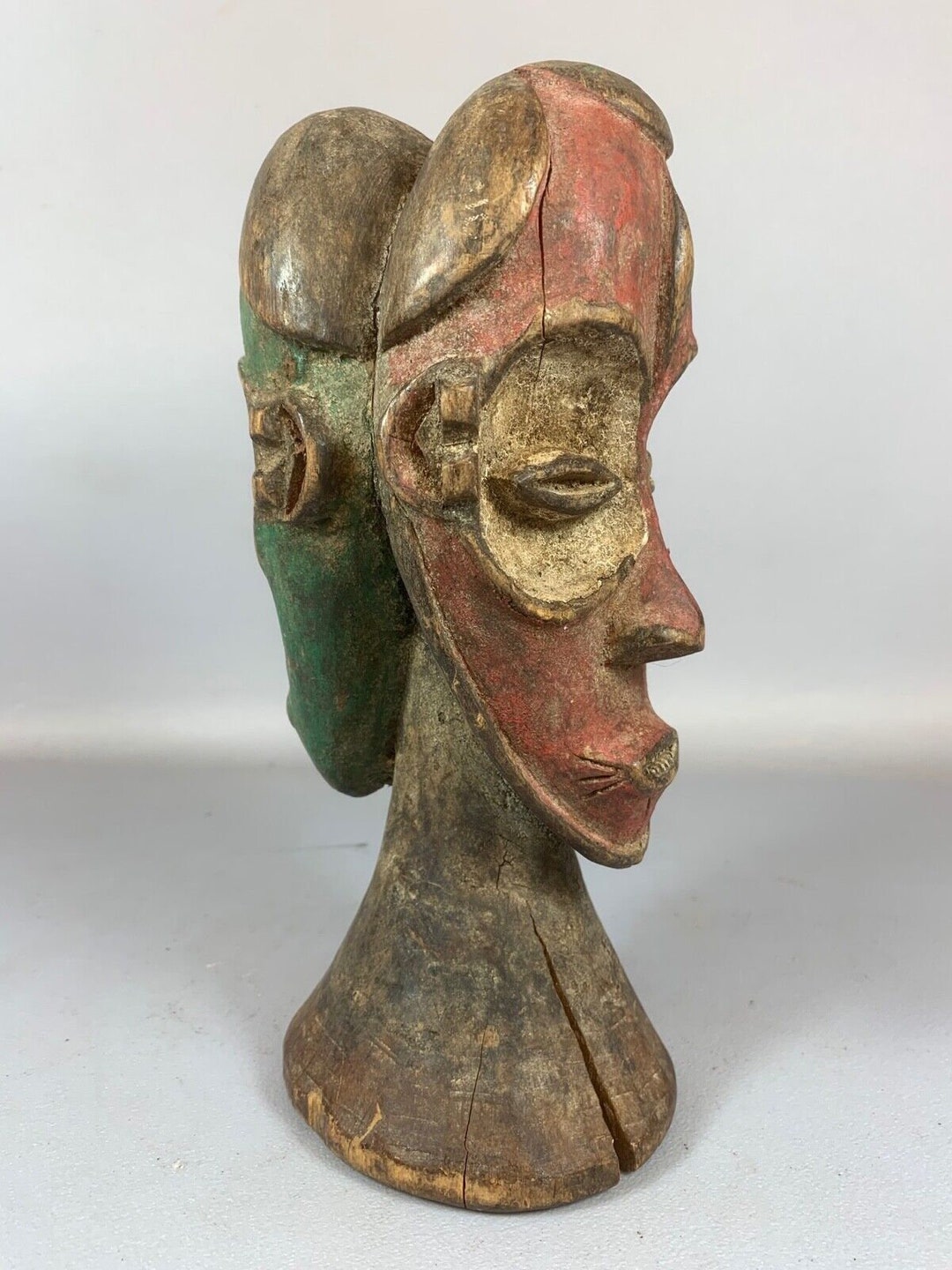 210339 - Old Tribal Used Rare African 2 Head Statue From Eket - Nigeria ...