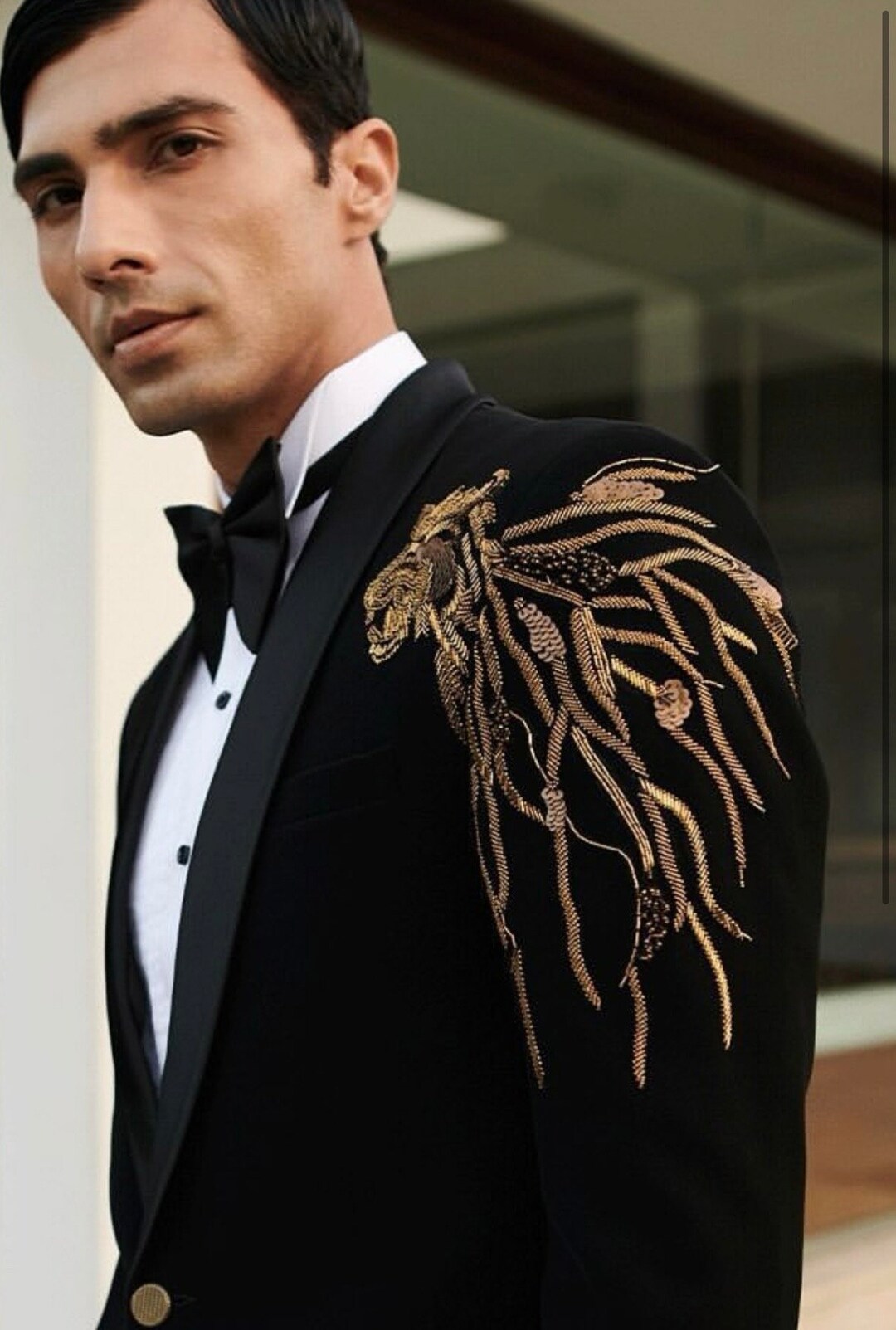 Tiger Inspired Black Golden Crystal Embroidered Jacket for Men, Grooms ...