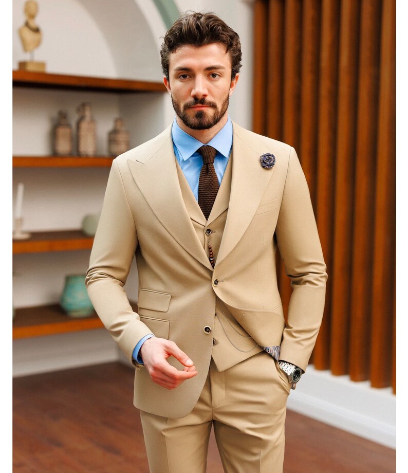 Classy Three Piece Beige Mens Suit for Wedding, Engagement, Prom, Groom ...