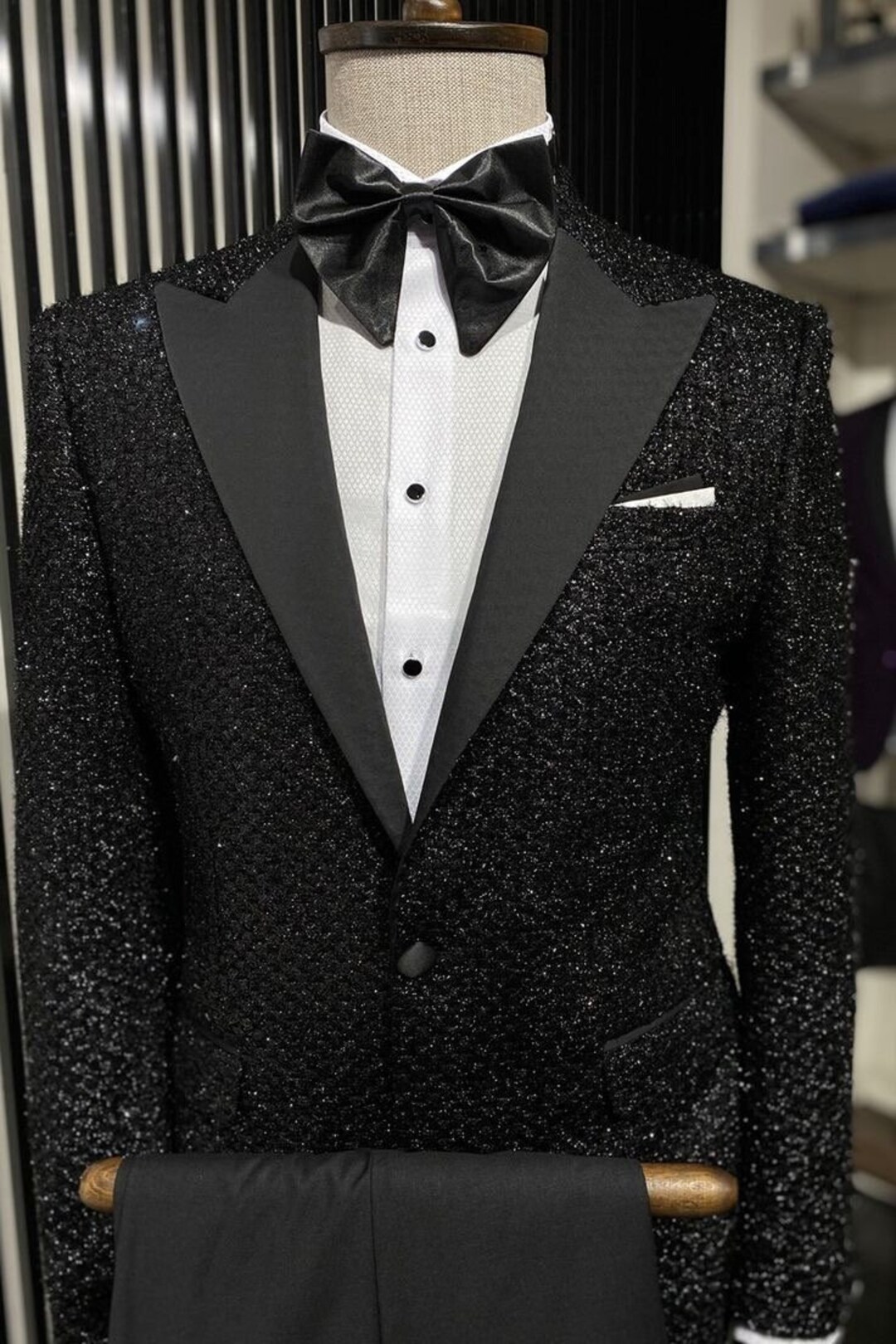 Black Sequin Embroidered Tuxedo Jacket - Etsy