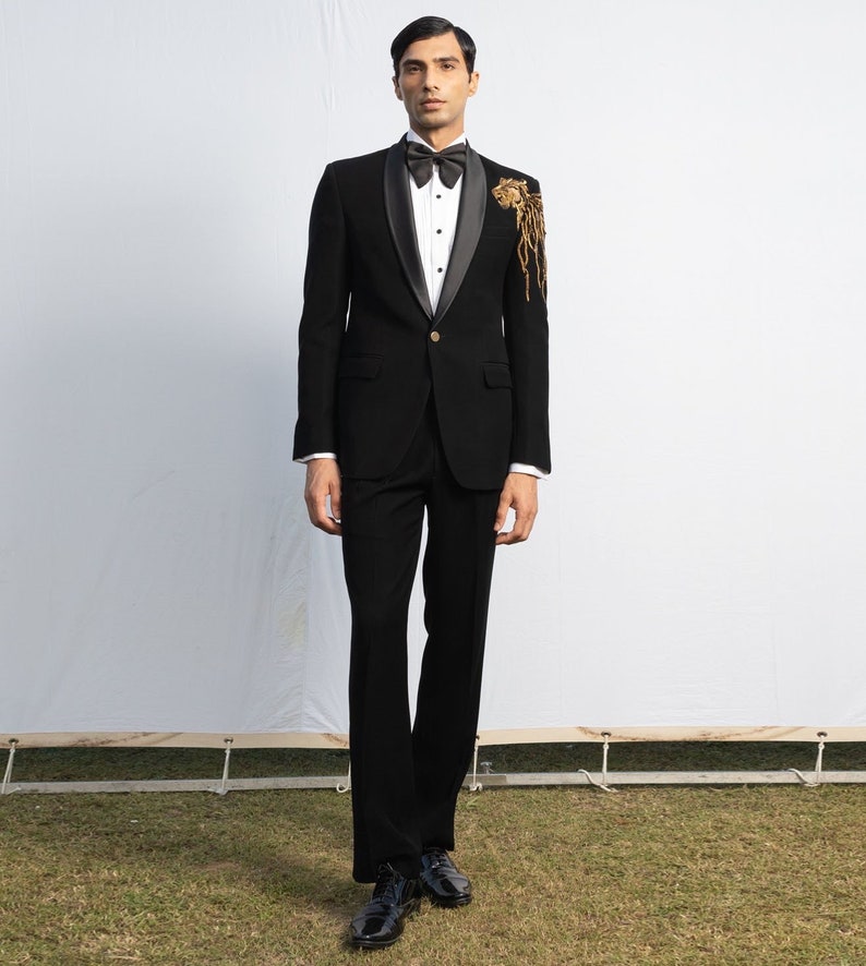 Tiger Inspired Black Golden Crystal Embroidered Jacket for Men, Grooms ...