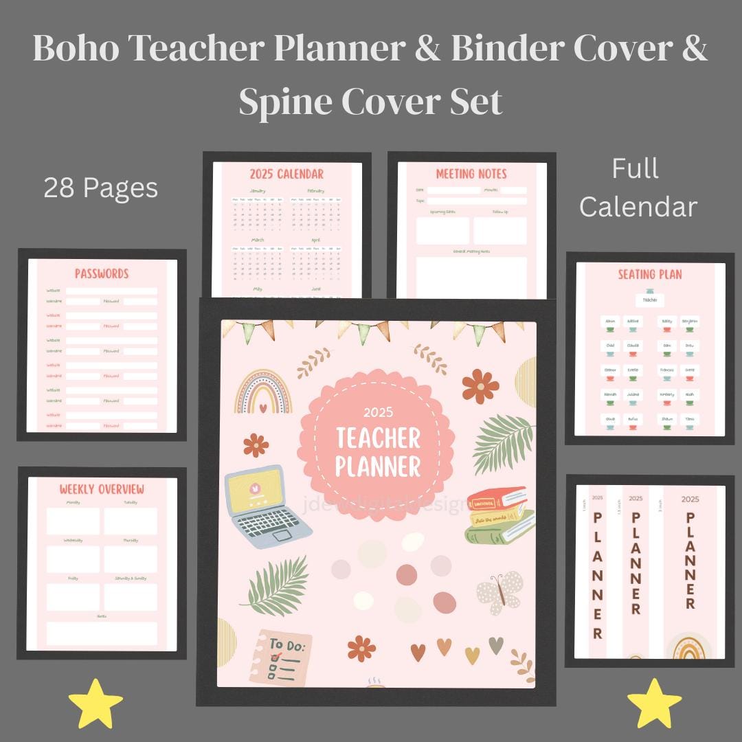 Boho Teacher Planner: Printable Binder Covers, Editable 28-page Set - Etsy