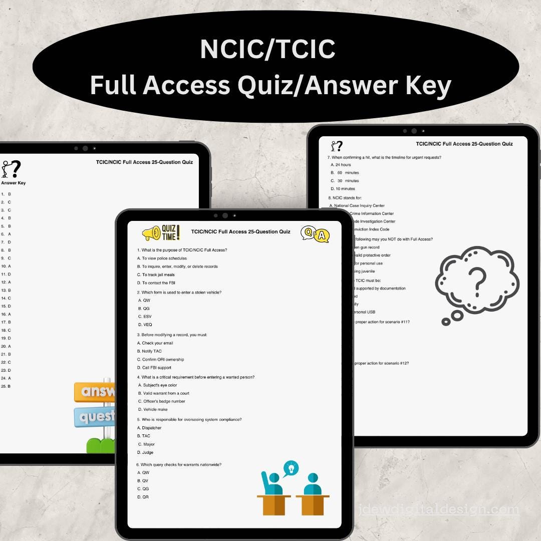 TCIC/NCIC Full Access Quiz: Law Enforcement Training (PDF Download) - Etsy