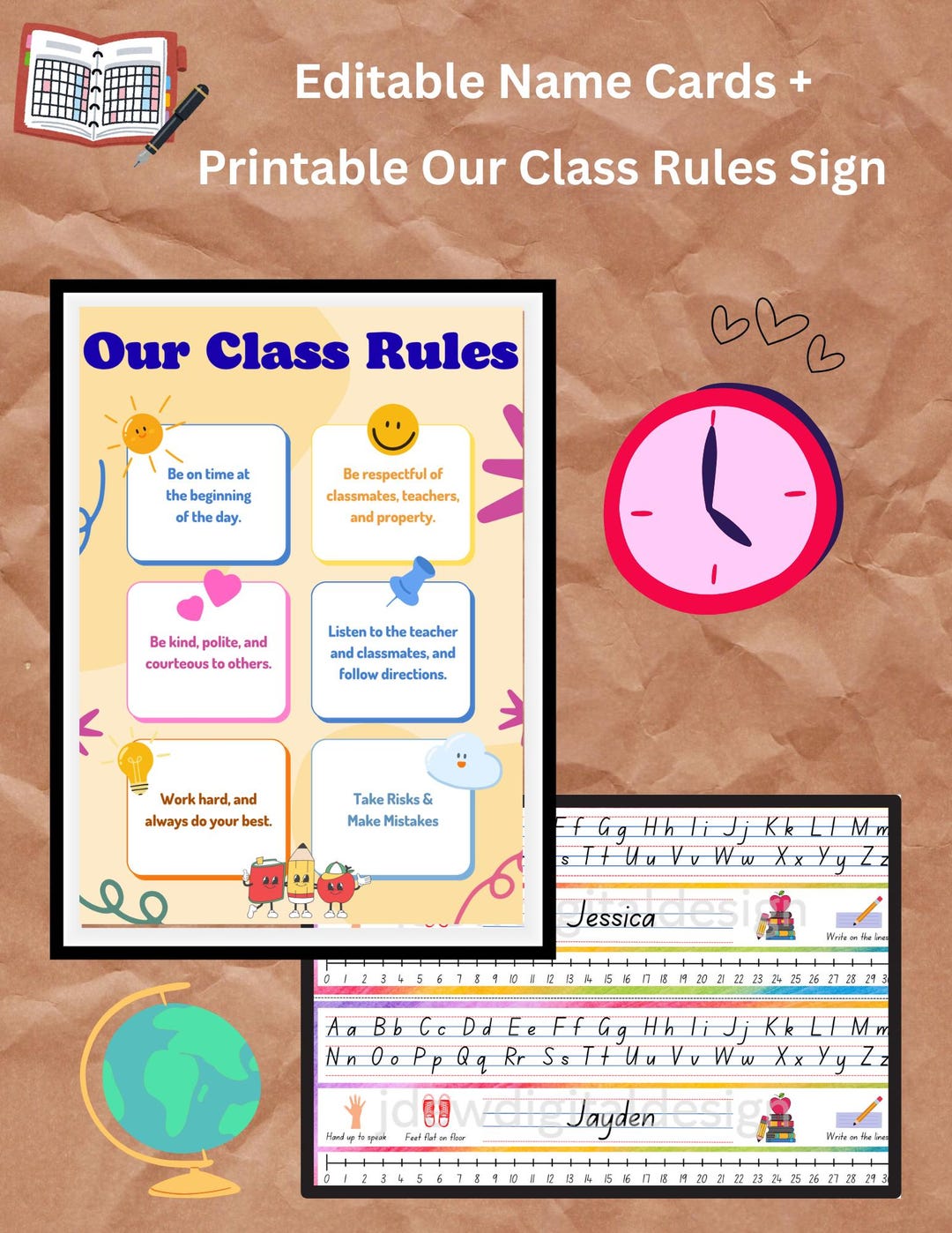 Printable Class Rules Poster & Editable Name Tags: Back to School ...