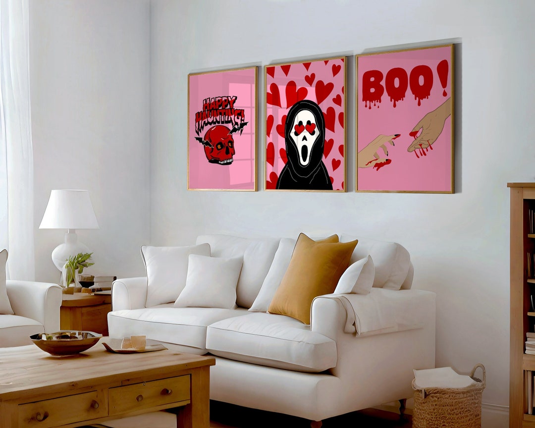 Pink Halloween Wall Art Set of 3, Scream Poster, Halloween Prints ...